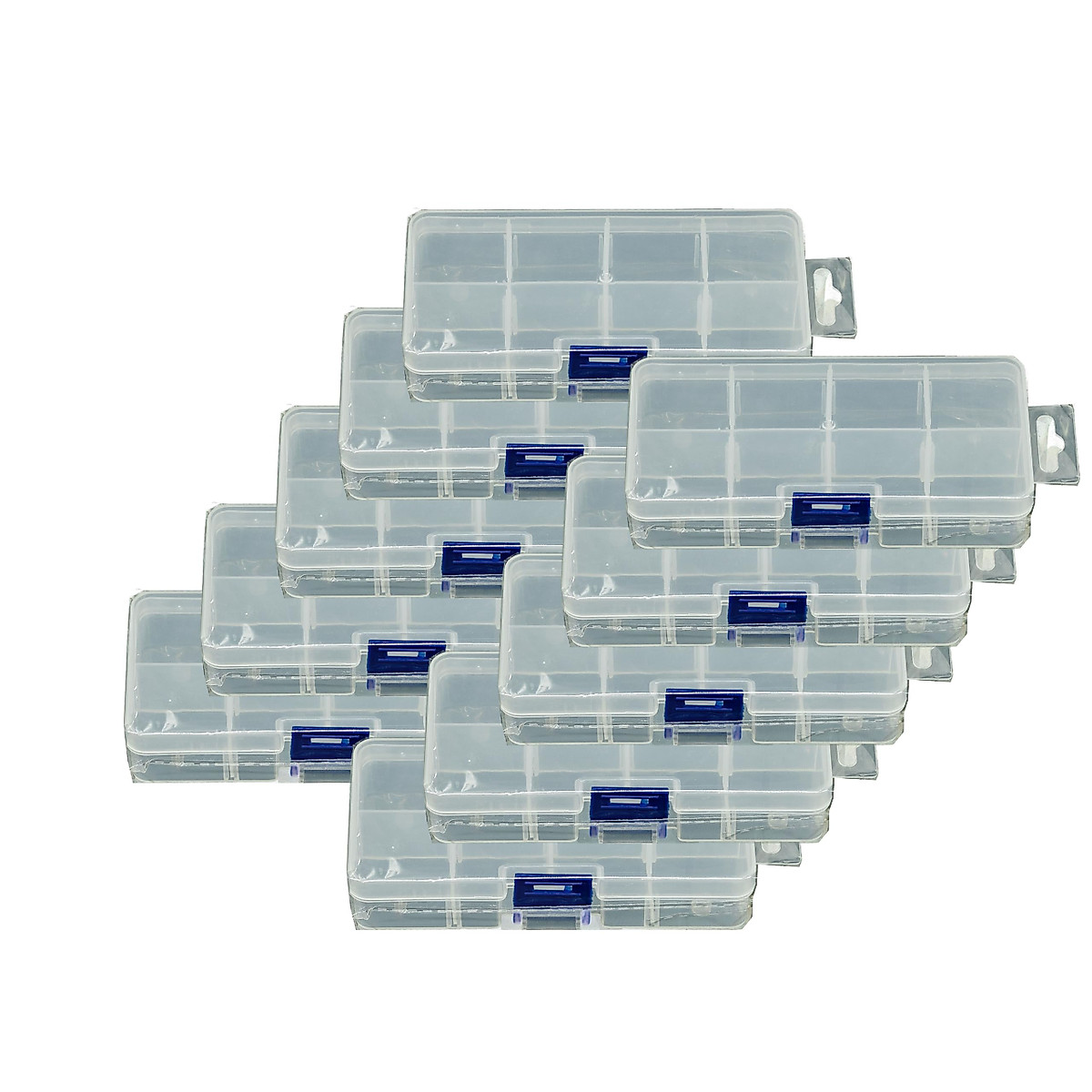10-Pack Small Plastic Storage Box Case Container Snackle Box with 8 Grid Dividers 2.45" x 5.2" x .97" for Beads, Tackle Box, Fishing Hooks, Bobs, Buttons, Jewelry Grid Size: 1.25" x 1.2" Party Favors
