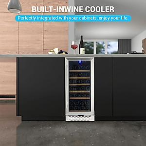 Jojoka 15 Inch Wine Fridge, 28 Bottles Wine Cooler Refrigerator Built-In or Freestanding, Wine Refrigerator With Double-Layered Glass Door & Safety Lock