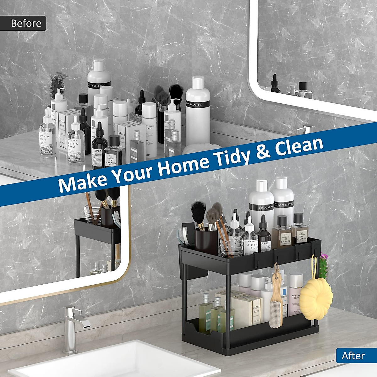 2 Pack Under Sink Organizers and Storage, Treerit 2-Tier Under the Sink Pull Out Organizer with 8 Hooks and 2 Hanging Cups, Multi-Purpose Under Sink Storage for Kitchen and Bathroom Light Black