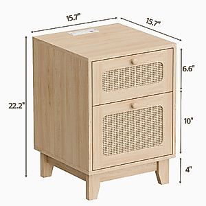 Callales Modern Wicker Rattan Stand,Rattan Stand with Drawer and Charge Station, Wooden Side End Table for Small Spaces, Natural Wood BedsideTable for Bedroom,Easy Assembly (with Charging Station, 2)