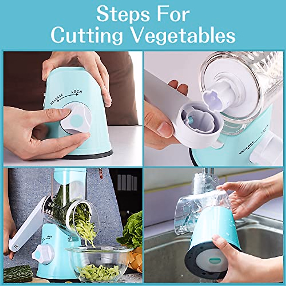 Rotary Cheese Grater with Handle for Fruit,Vegetables,Nuts, 3 In 1 Multifunctional Kitchen Square Drum Vegetable Cutter & Round Mandoline Slicer Nuts Grinder With 3 Interchangeable Blades (Blue)