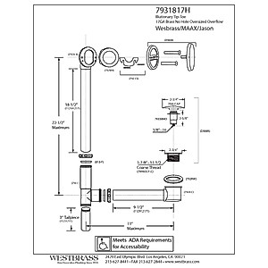 Westbrass 7931817H-12 22" 17 ga. Bath Waste & Overflow Assembly with Illusionary Faceplate and Tip-Toe Drain, 1-Pack, Oil Rubbed Bronze
