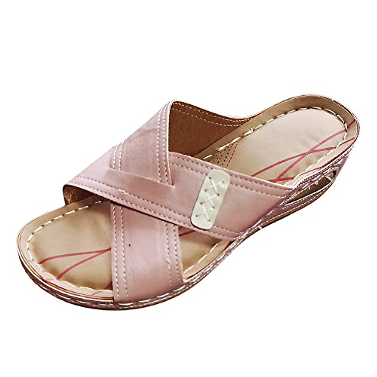 Women Leather Sandals Size 6 Women Summer Solid Color Slip On Casual Toe Wedges Comfortable Beach Shoes Sandals (Pink, 6.5)