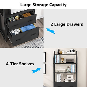 Tribesigns 2 Drawer File Cabinet with Bookshelf, Modern Vertical Filing Cabinet for Letter/Legal/A4 Size File, Large Printer Stand with Open Storage Shelves for Home Office, Black