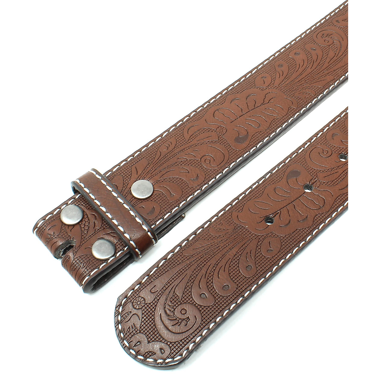 BC Belts Leather Belt Strap with White Stitching and Embossed Western Scrollwork 1.5" Wide with Snaps (Brown/White-L)