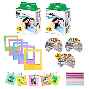 Fujifilm Instax Square Instant Film (2 Packs, 40 Sheets) 5 Plastic Desk Frames + 10 Assorted Color Hang Clips with String + 60 Sticker Frames + 1 Pack Corner Stickers