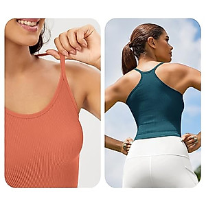 ODODOS Women's Crop Camisole 3-Pack Seamless Rib-Knit Crop Tank Tops, Long Crop, Beige Coral Teal, X-Small/Small