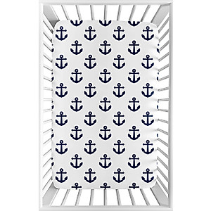 Sweet Jojo Designs Navy Blue White Anchors Boy Girl Fitted Mini Crib Sheet Baby Nursery for Portable Crib Pack and Play - Nautical Theme Ocean Sailboat Sea Marine Sailor Anchor Unisex Gender Neutral