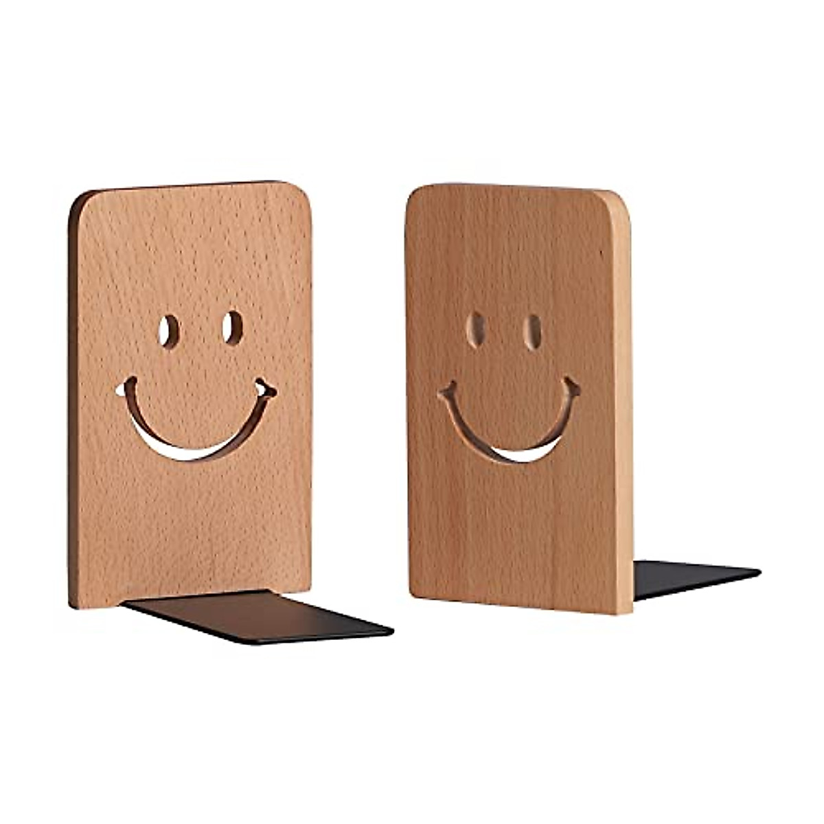 Muso Wood Bookends for Shelves, Non Skid Book Ends for Office Home Kitchen, Smile Bookends for Holiding Books (Beech)