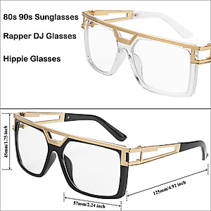 FACATH 80s/90s Women Hip Hop Costume Kit Rapper DJ Sunglass for Girls, Lassic Oversized Hippie Glasses for 80s 90s Hip Hop Costume, Square Retro Gold Frame Hip Hop Glasses (Clear)