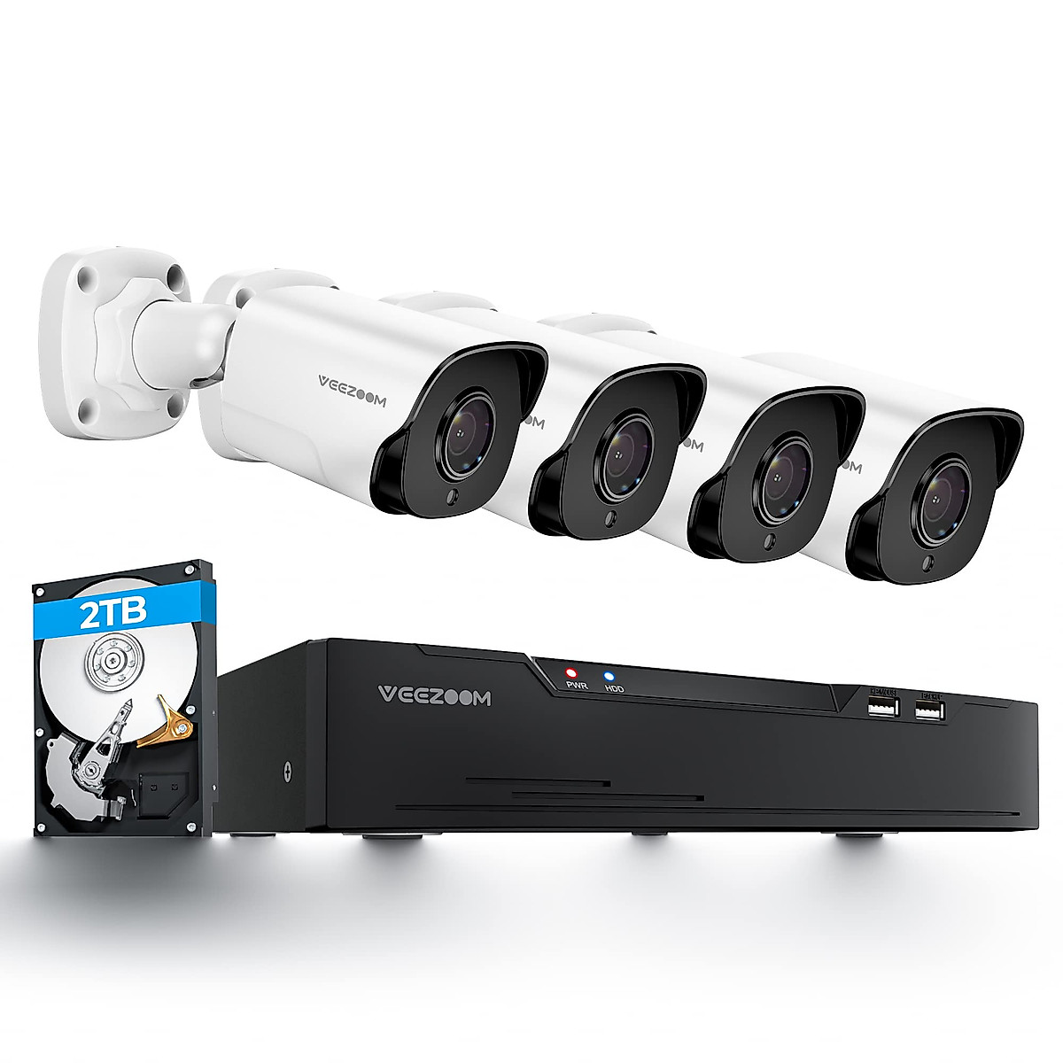 PoE 4K Security Camera System 8CH, VEEZOOM 4pcs 5MP Outdoor Security Cameras, AI Human/Motion Detection, 4K 8 Channel NVR with 2TB HDD, NVR Security Camera System for 24/7 Recording