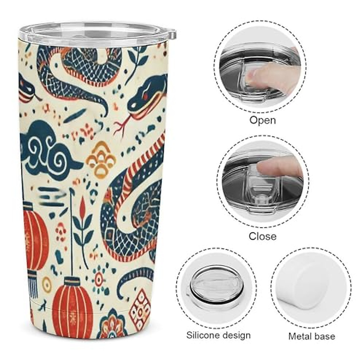 20oz Hand Drawn Vintage Snake Pattern Tumbler Stainless Steel, Vacuum Insulated Tumbler with Lid And Straw Unique Coffee Mug Travel Mug Gifts for Women Men