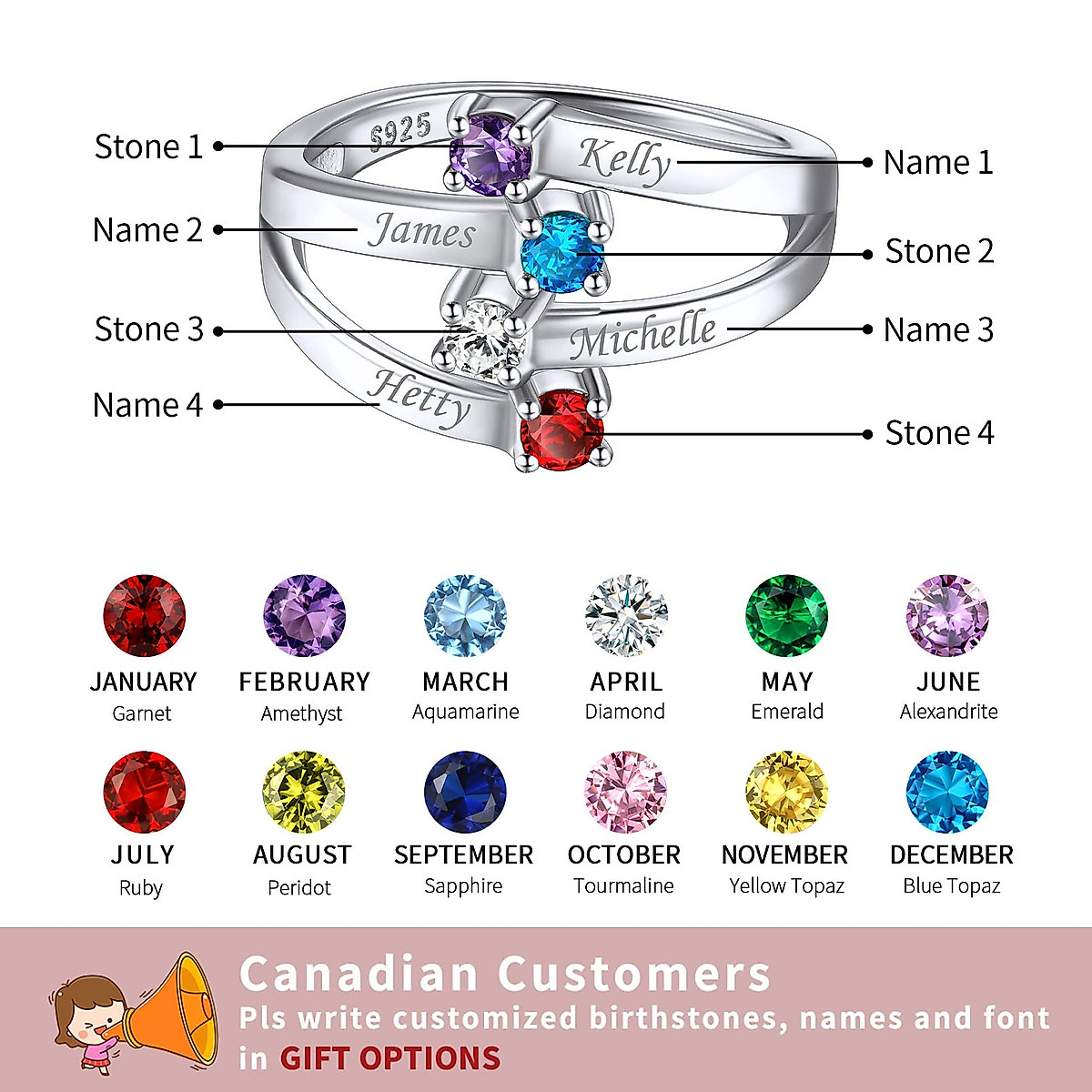 ChicSilver 925 Sterling Silver Simulated Birthstone Promise Rings for Women Personalized Mothers Rings with 4 Birthstones 4 Names Grandma Mom for Her Custom Name Engraved Ring