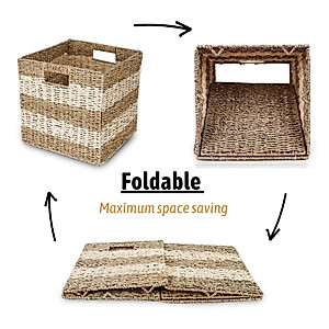 Foldable Hand-woven Wicker Cube Storage Bins, Collapsible Wicker Storage Cubes, Natural Palm Fiber & Seagrass Storage Baskets, Chi An Home Cubes Organizer with Handles, 4 Pack - 11.8" x 11.8" x 11.8"