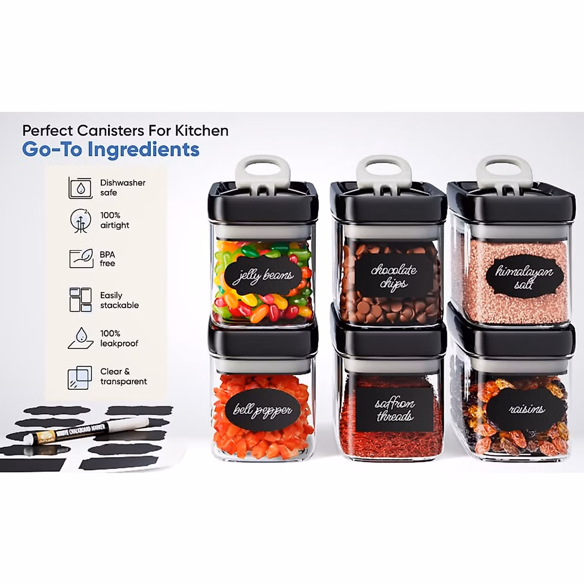 Chef's Path Airtight Food Storage Containers with Improved Lids, Set of 6, 1L Kitchen and Pantry Canisters for Coffee, Spices, and Dry Food, Includes Labels and Marker - Transparent, All Same Size