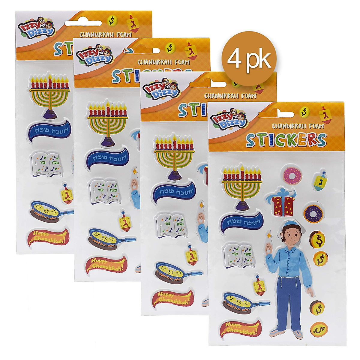Chanukah Foam Stickers - 4 Pack - Dreidels, Menorahs and More - Hanukah Stationary, Arts and Crafts - Gifts and Games - Izzy 'n' Dizzy