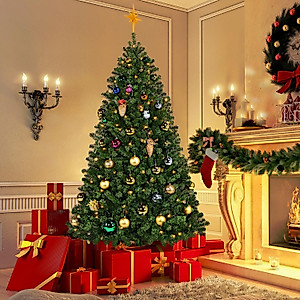 Yaheetech 6Ft Pre-lit Spruce Artificial Hinged Christmas Pine Tree Prelighted Holiday Xmas Tree for Home Party Decoration with 300 Warm White Lights and 818 Branch Tips, Green