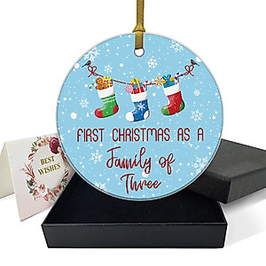 REWIDPARTY Our First Christmas as a Family of Three Ceramic Ornament Christmas Socks Gift for Baby New Parents Baby First Christmas Tree Decor 3" Circle Ceramic Ornament with Gold Ribbon & Gift Box