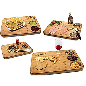 Versachop Trio, Extra Large 22 X 16 inch Cutting Boards for Kitchen, Butcher Block - Totally Natural Organic Moso Bamboo board with three Stainless Steel Bowls attached for easy chopping