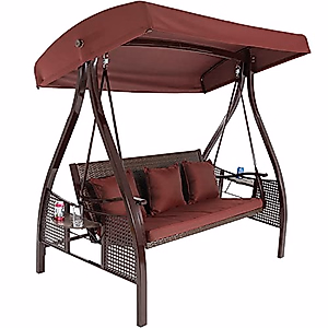 Sunnydaze 3-Seat Deluxe Patio Swing with Steel Frame and Canopy - 600-Pound Weight Capacity - Maroon Cushions Included