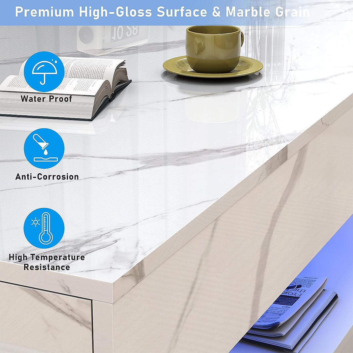 chartustriable 47inch Large High-Glossy LED Coffee Table with 2 Sliding Drawers, Living Room Storage Tables with Marbling Print, Modern Stylish Double-Layer Center Tables w/LED Lights, White