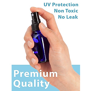 JUVITUS 1 oz Cobalt Blue Glass Boston Round Bottle with Black Fine Mist Spray (12 Pack) + Funnel