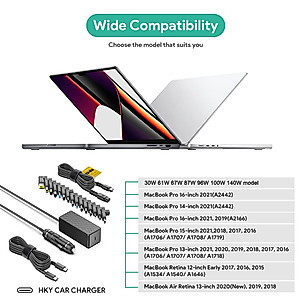 HKY Laptop Car Charger Universal Kit PD 100W 96W 90W 87W 70W 67W 65W 61W 45W Compatible with MacBook HP Dell Toshiba Lenovo Asus Acer MSI Surface Laptop Tablet Phone & All USB-C/Round Connector Device