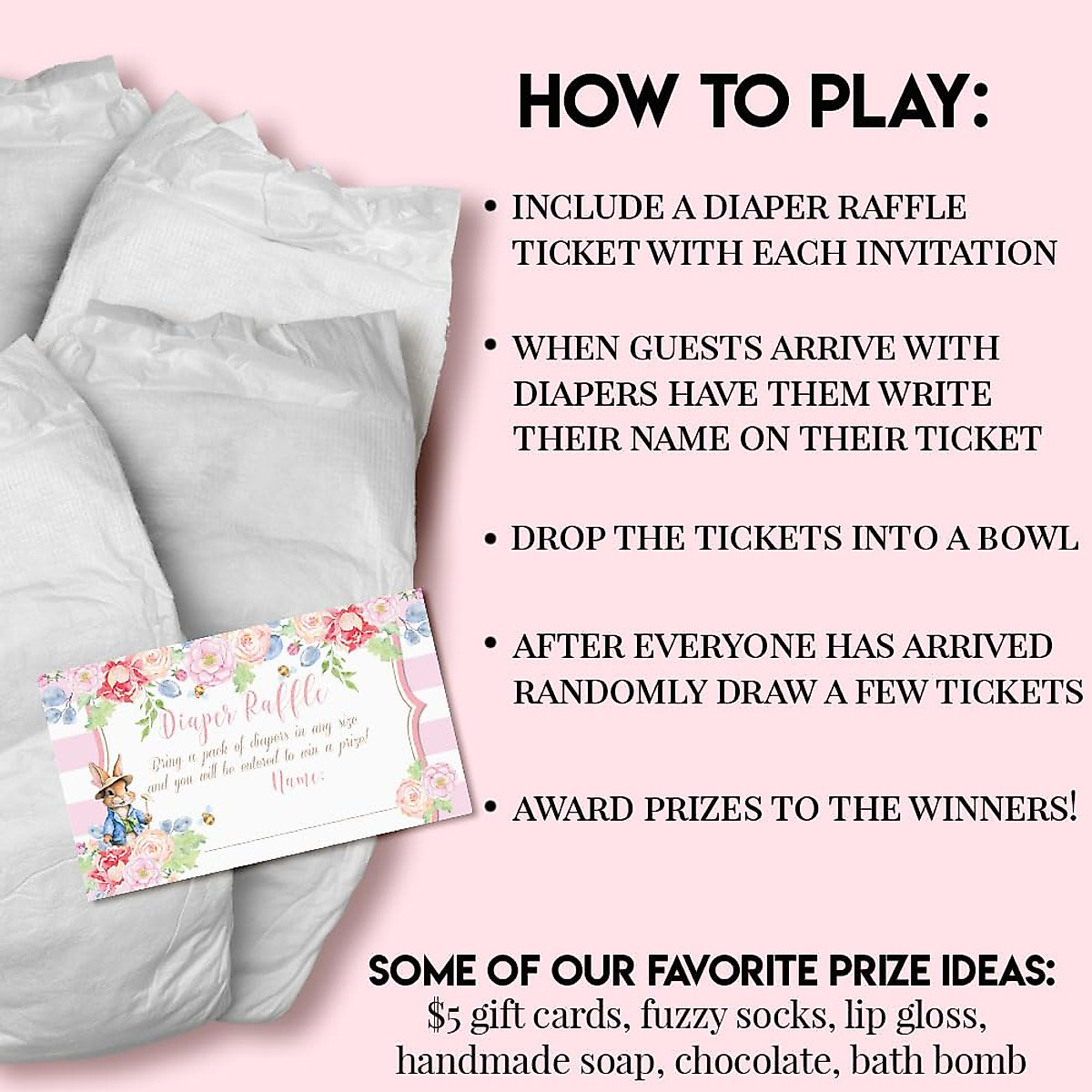 Little Rabbit Floral Themed Diaper Raffle Tickets for Girl Baby Showers, 20 2" X 3” Double Sided Insert Cards for Games by AmandaCreation, Bring a Pack of Diapers to Win Favors & Prizes!