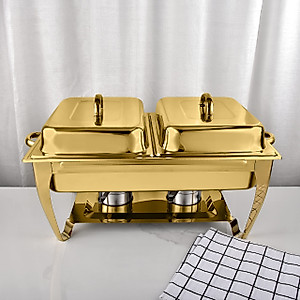 HONHPD Golden Chafing Dish Buffet Set, 9 QT Stainless Steel Food Warmer - 9 Liters Buffet Servers with Fuel Holder & Water Pan - Chafer Set for Banquet Parties Even Catering Wedding