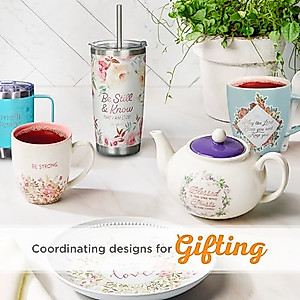 Christian Art Gifts Reusable Stainless Steel Scripture Travel Mug Tumbler w/Straw for Women: Be Still & Know, Double Wall Vacuum Insulated, Pop-up Lid, Hot/Cold, White & Peach Multicolor Floral, 18 oz