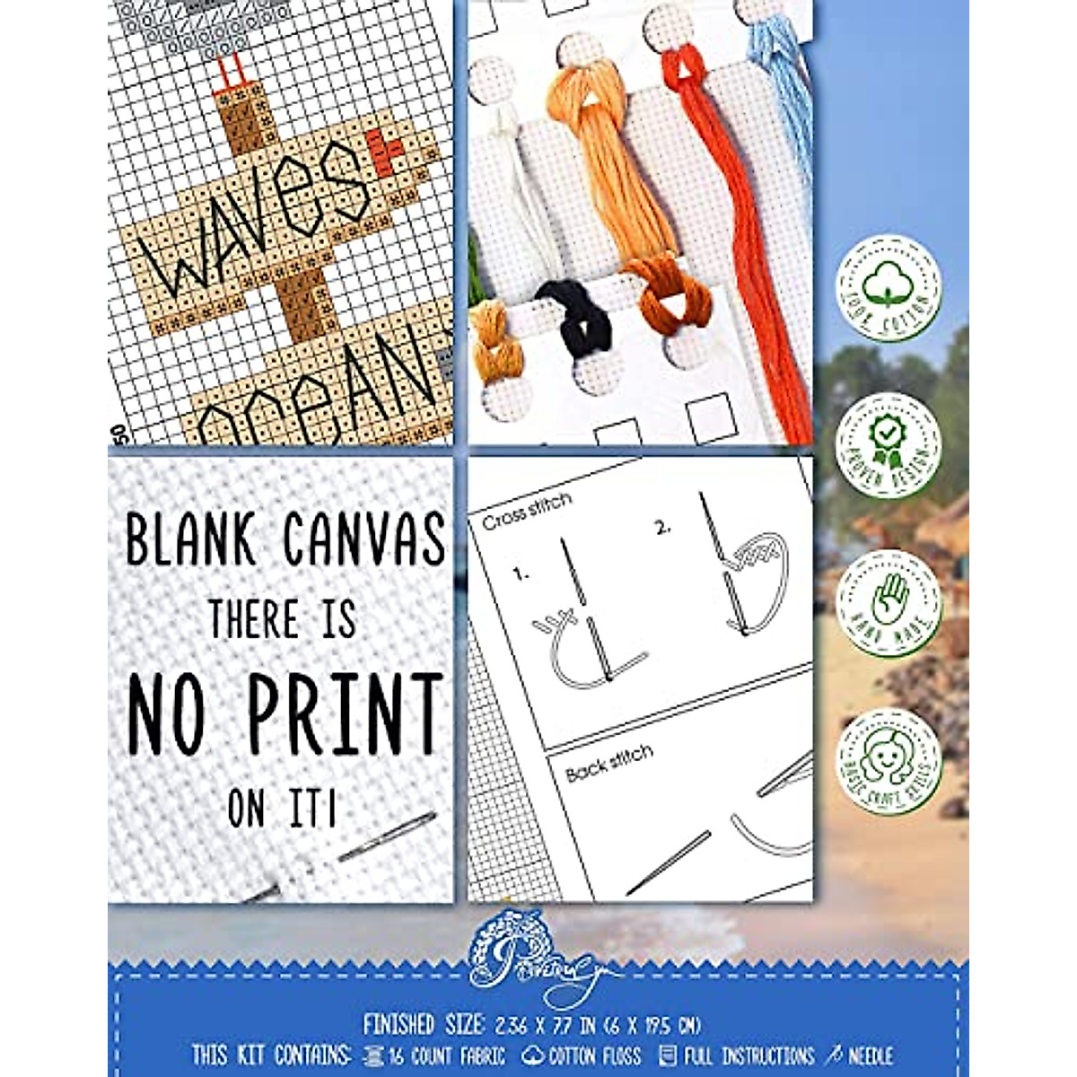 Beach Signs Cross Stitch Bookmark - Coastal Wood Signs Embroidery Set with Paper Pattern, 16 Count Aida Cloth and Pre-Sorted Floss