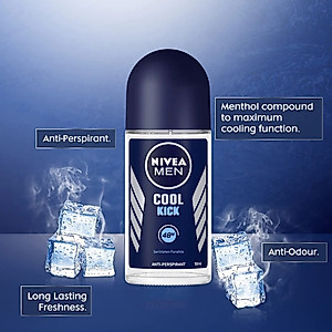 Nivea for Men Cool Kick Anti-Transpirant Deodorant ROLL-ON, 50 ML / 1.7 OZ (PACK OF 3)