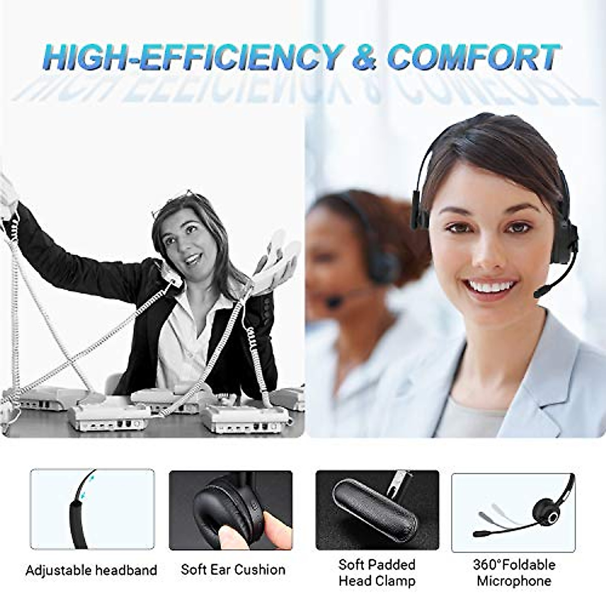 Bluetooth Headsets with Mic, Up to 24 Hrs Talk Time Trucker Wireless Headset with Microphone for Cell Phones, Large Capacity Battery for Office, Business