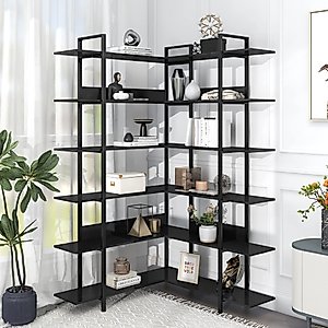 ASTRAEUS Bookshelf 6 Tiers Corner Bookcase L Shaped Shelf,Black