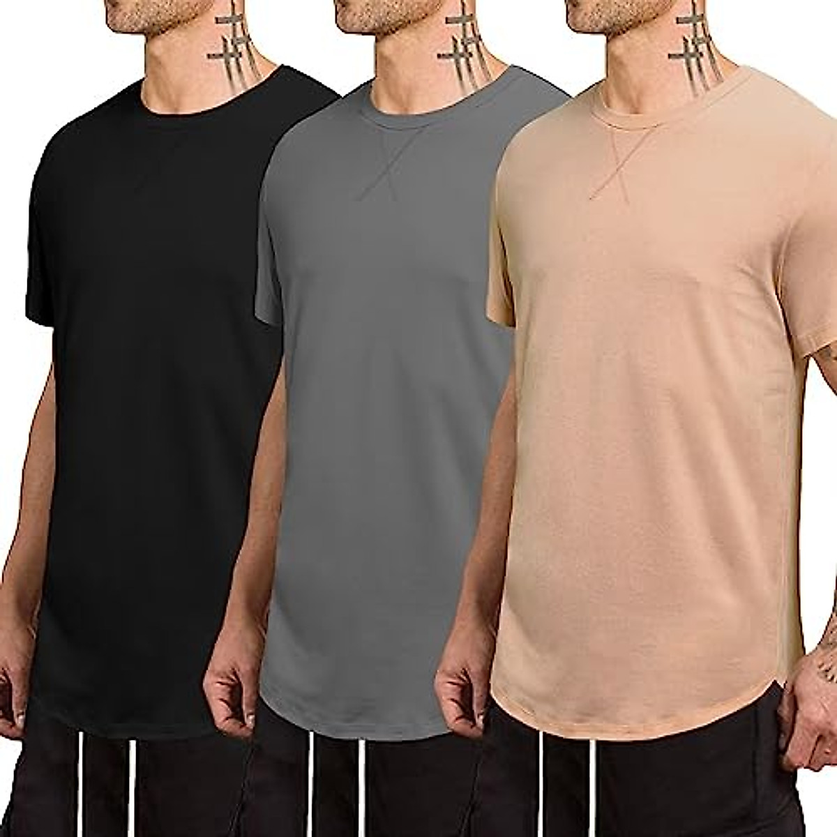Men's 3 Pack Cotton Hipster Hip Hop Slim Fit Round Hemline Crewneck T-Shirt Black/Dark Grey/Khaki XX-Large