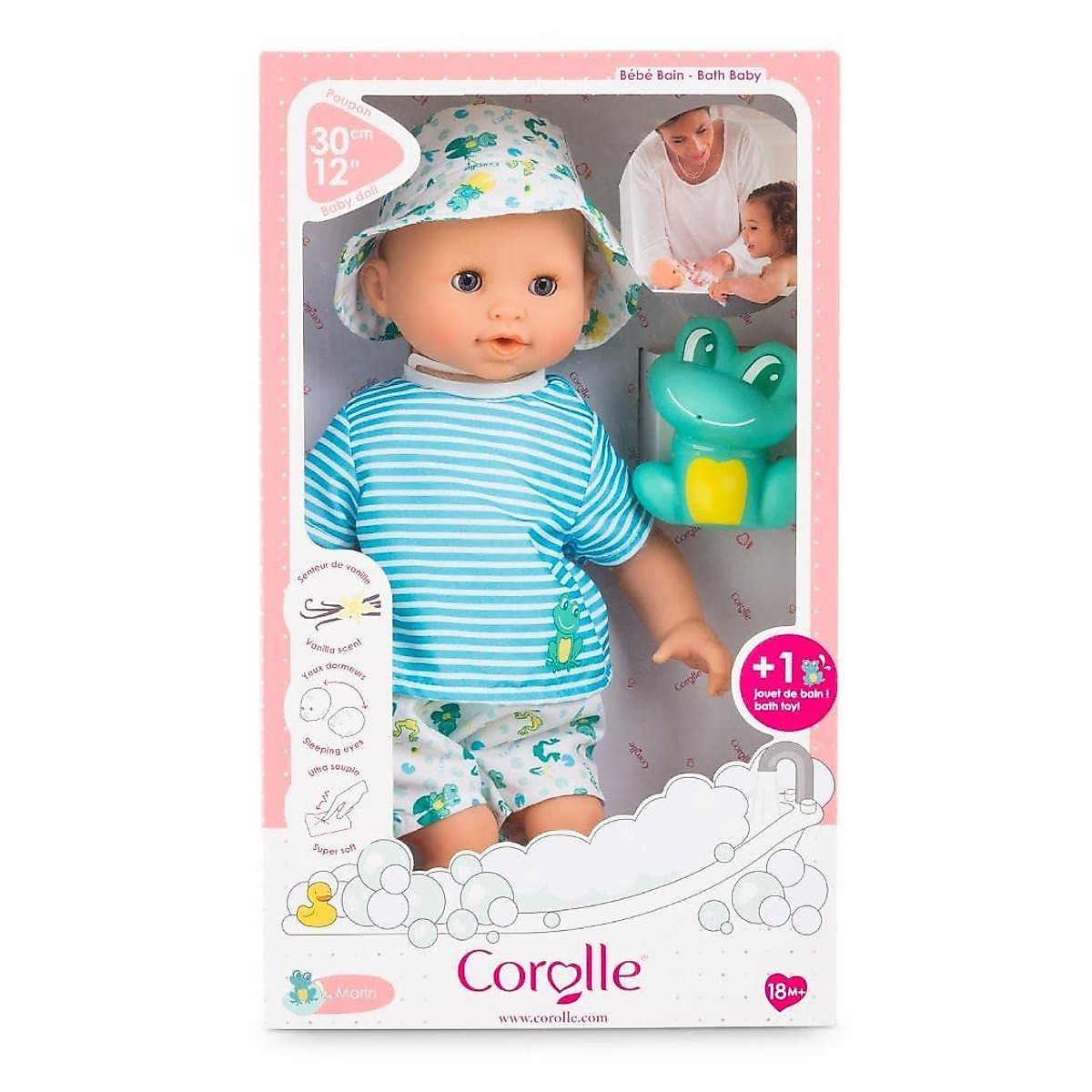 Corolle Bebe Bath Marin Baby Doll - 12" Soft-Body with Rubber Frog Toy, Safe for Water Play in Bathtub or Pool, Vanilla-Scented - for Kids sges 18 Months and up