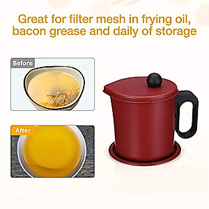 Bacon Grease Container with Fine Mesh Strainer 1.7L Oil Pot with Strainer Cooking Oil Filter with Anti-scalding Handle and Coaster Tray Stainless Steel Oil Storage Pot Can for Cooking Oil, Frying Oil