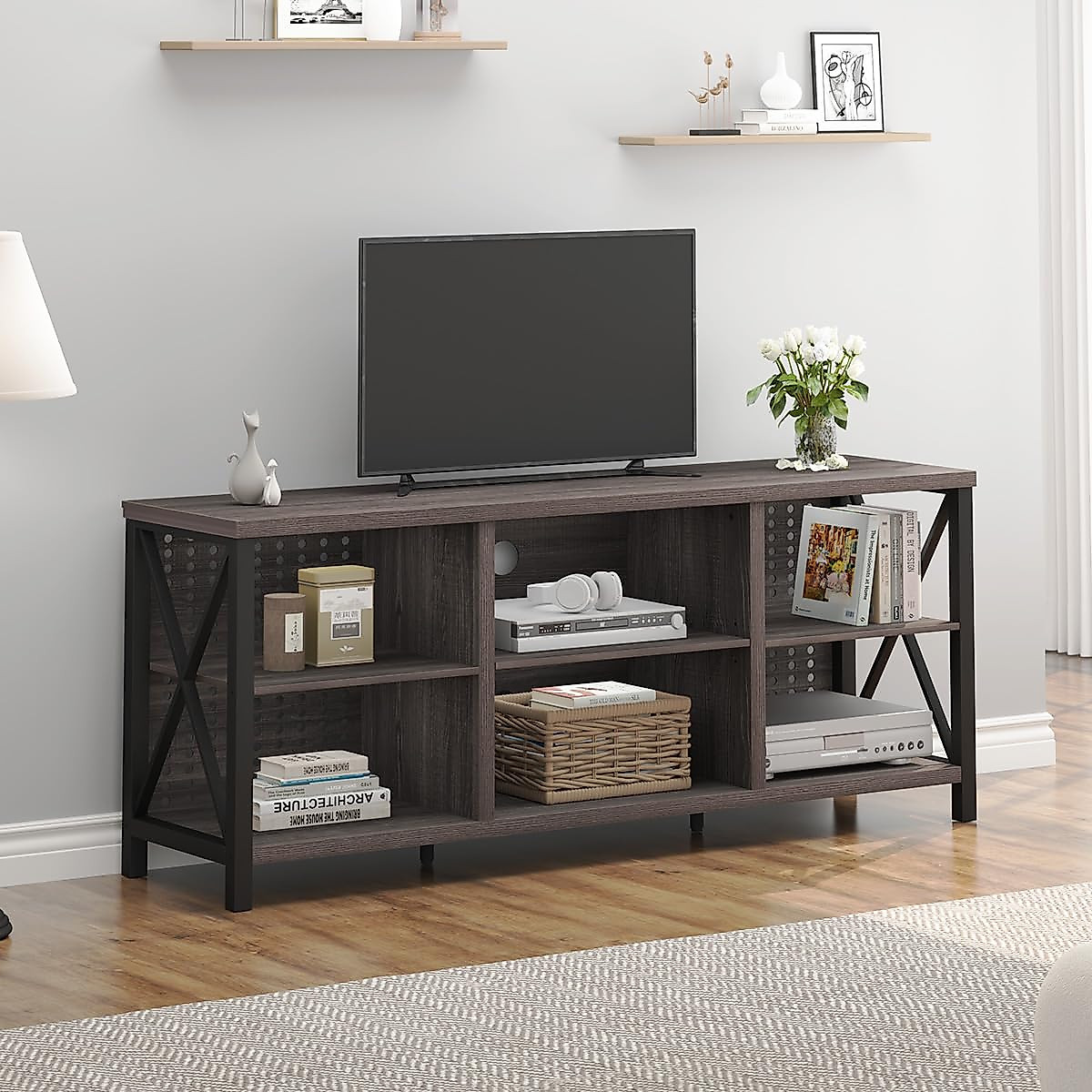 LVB Rustic TV Stand, Industrial Entertainment Center for 70 Inch TV, Long Wood and Metal Television Stand with Storage, Large Modern Farmhouse Media Console Table for Living Bedroom, Rustic Oak, 59 In