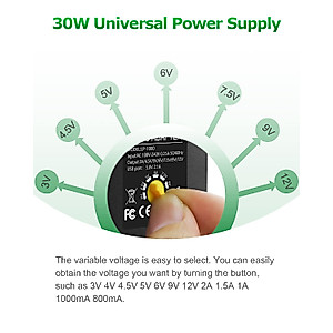 Arkare 30W Universal AC to DC Power Adapter Adjustable Power Supply 3V 4.5V 6V 9V 12V 2A 1A DC Adapter AC 100-240V to DC 3-12V Multi Voltage Switching Power Adapter with 15 Tips + Polarity Converter