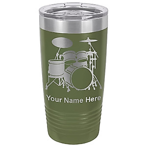 LaserGram 20oz Vacuum Insulated Tumbler Mug, Drum Set, Personalized Engraving Included (Camo Green)