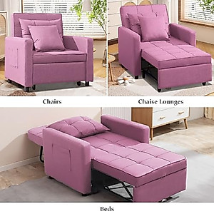 GOOGIC Convertible Chair Bed - Folding Sofa Bed Chair with Adjustable Backrest, 3-in-1 Multi-Functional Pull Out Sleeper Chair Bed Single Armchair Sofa Bed with Side Pocket (Pink)