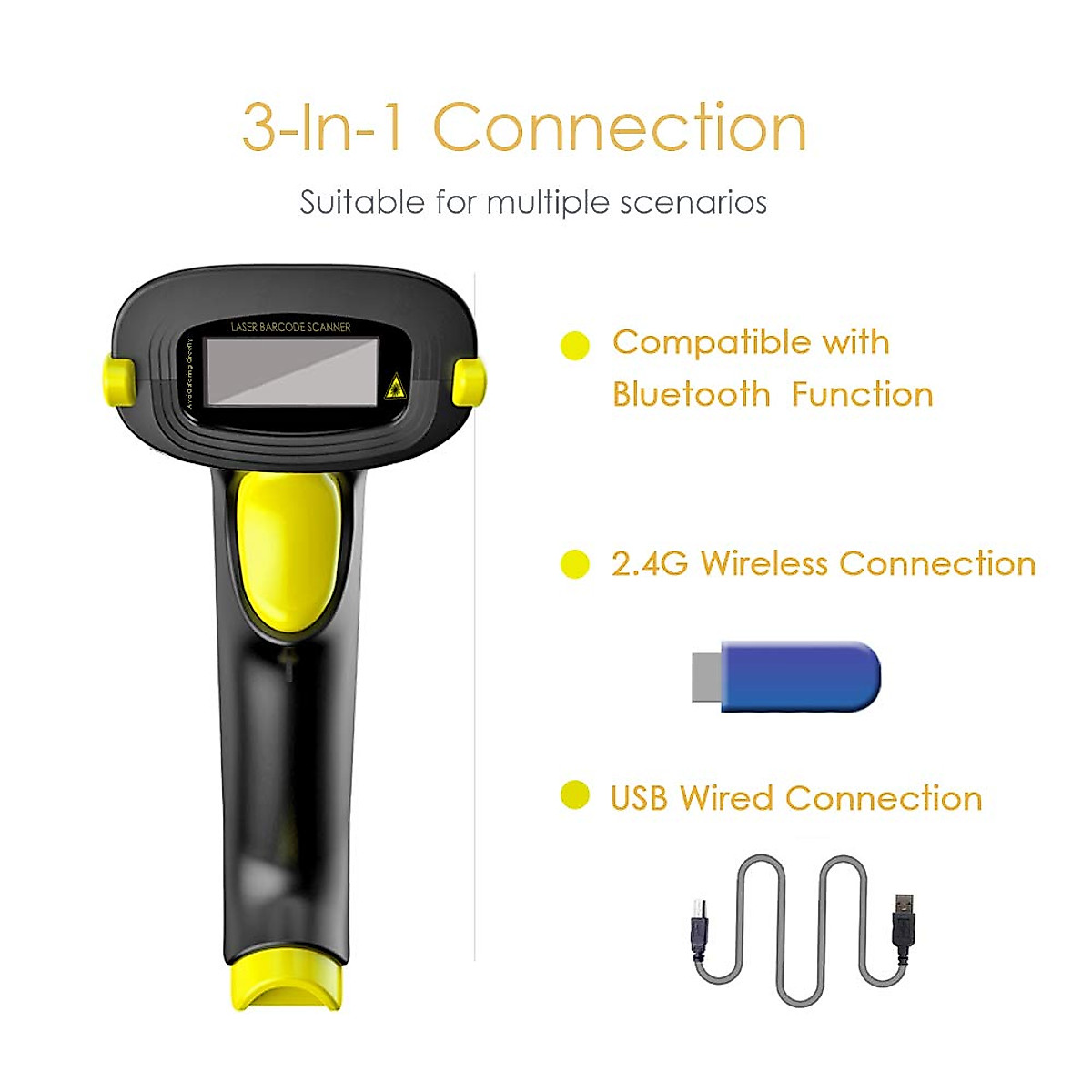NADAMOO Wireless Barcode Scanner Compatible with Bluetooth, USB 1D Bar Code Reader for Inventory Management, Work with Windows/Mac OS/Linux Computer, Made for iPhone, iPad, and Android