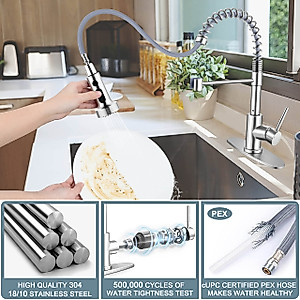 Homikit Kitchen Faucet Brushed Nickel with Pull Down Sprayer & Soap Dispenser, Stainless Steel Spring Faucets with Deck Plate 1 or 3 Hole, High Arc Commercial Sink Faucet for Farmhouse Laundry RV Bar