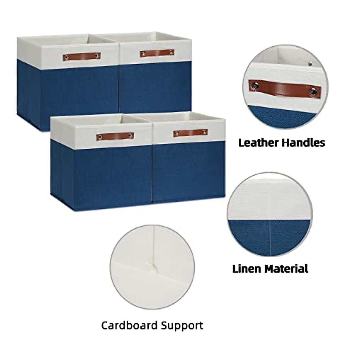 HNZIGE Fabric Storage Cubes Bins for Shelves,13x13 Storage Cubes, Set Of 4 Foldable Cubby Storage Bins for Organizing, Cloth Blue Storage Baskets for Cube Organizer Toy Nursery Shelves(Blue&White)