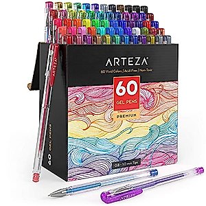 ARTEZA Gel Pens, Set of 60-Individual-Colors, 0.8-1.0 mm Tips, Acid-Free & Non-Toxic, Art Supplies for Journaling, Doodling, Drawing