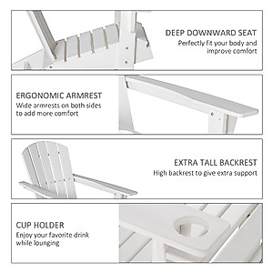 Outsunny Adirondack Chair with Cup Holder, All Weather Patio Chair HDPE Lounger, Fire Pit Seating High Back and Wide Seat for Outdoor, Backyard, Garden, Deck, Lawn, White