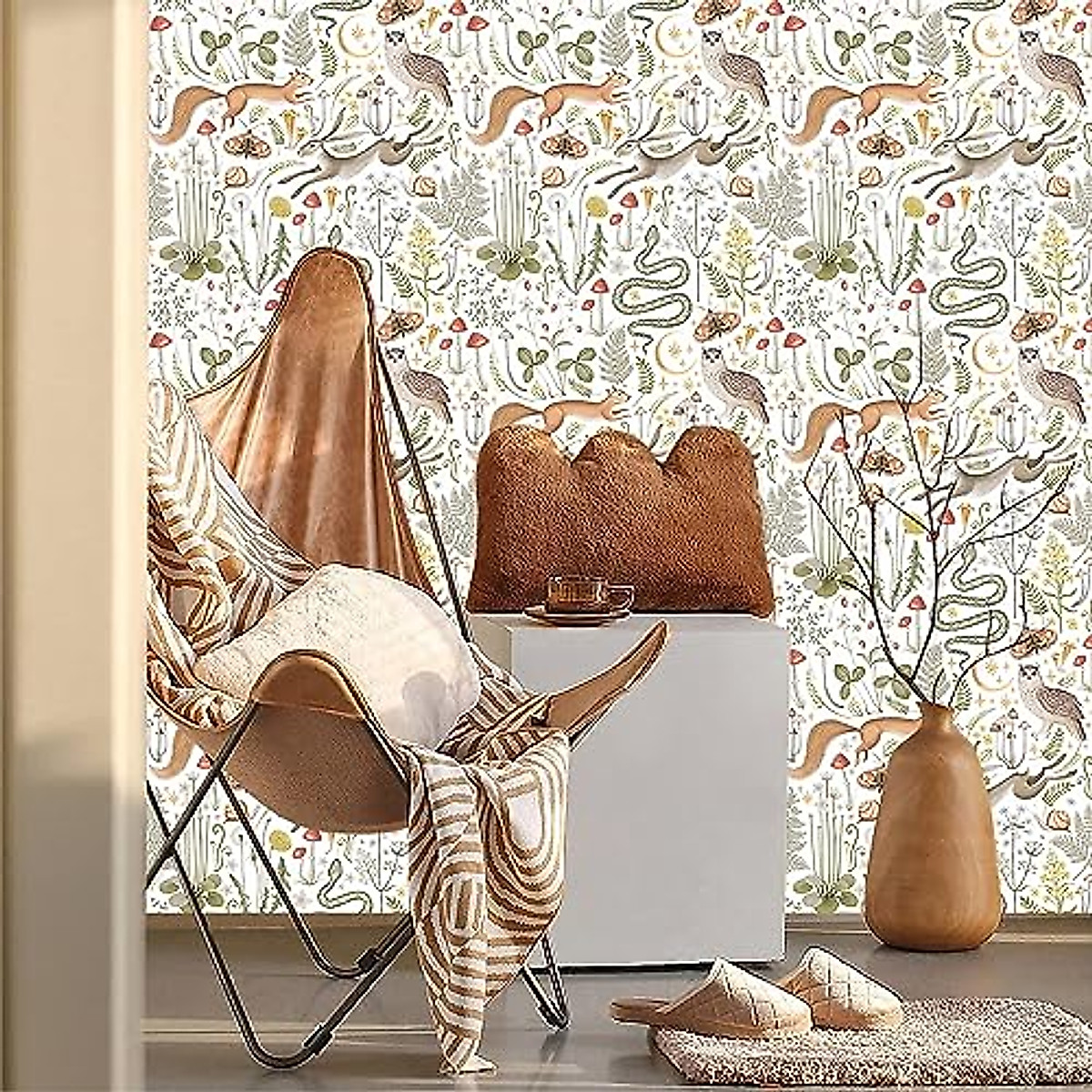 BEETAL Colorful Animal Forest Squirrel Owl Mushroom Leaf Peel and Stick Wallpaper Beige Easy Peel Off Self Adhesive Removable Stick on Wall Paper for Kitchen Renter Friendly