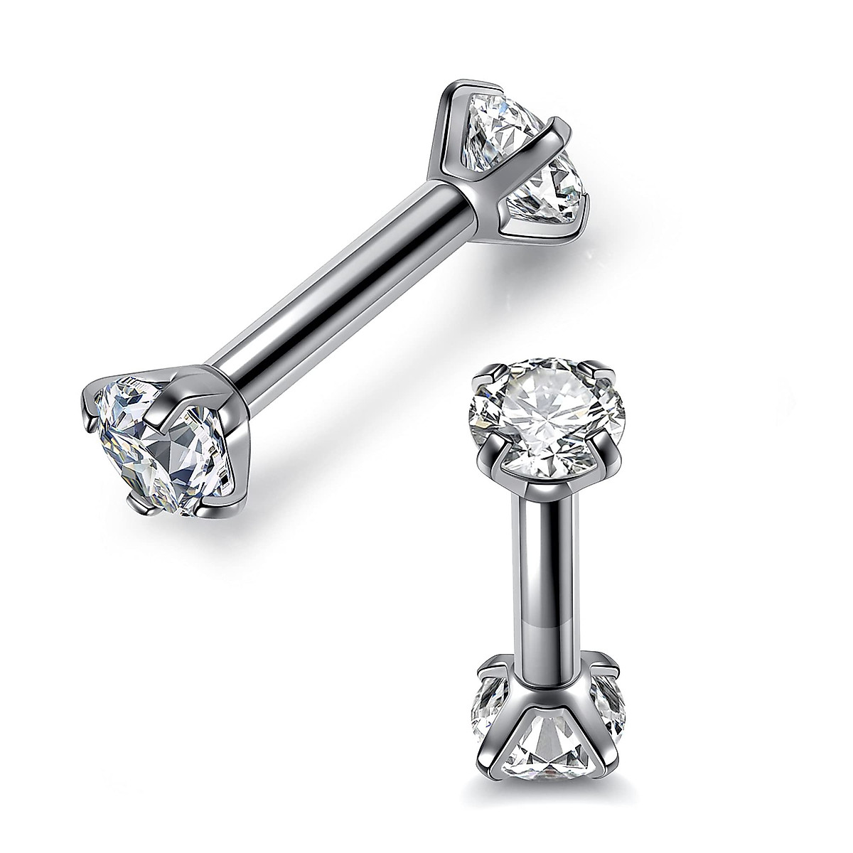 Zysta Small Rhinestone Blue Clear Cubic Zirconia Barbell Earring Studs Mini Cute Tragus Helix Cartilage Ear Lobe Nose Piercing Straight Bar 16G Screw on Stainless Steel