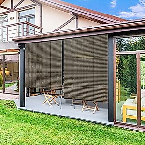 ECOOPTS Outdoor Roller Shade, Striped Hollow Out Roll Up Shade Blind Sun Shade for Patio Porch Back Yard Gazebo Deck Balcony (6'W x 6'L, Brown)