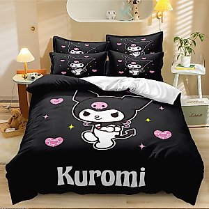 Boys and Girls Lovely Kuromi Bedding Set, 3Piece 3D Cartoon Cute Printed Breathable Durable Microfiber Comforter Set,Gifts for Boys and Girls,1 Duvet Cover with 2 Pillowcases